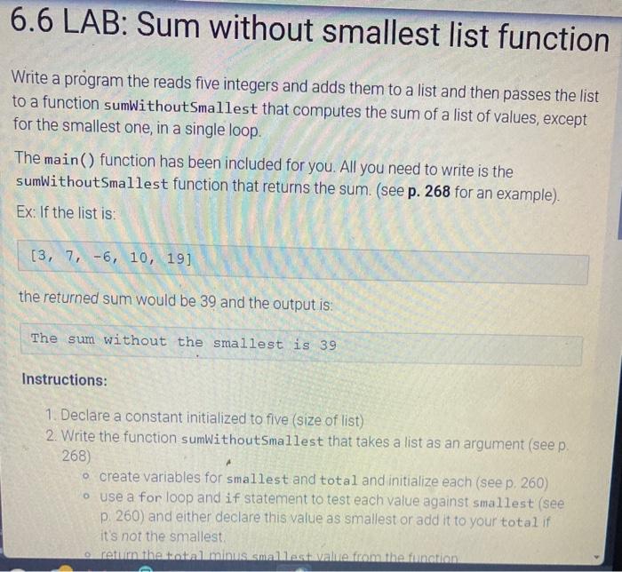 Solved 6.6 LAB: Sum without smallest list function Write a | Chegg.com