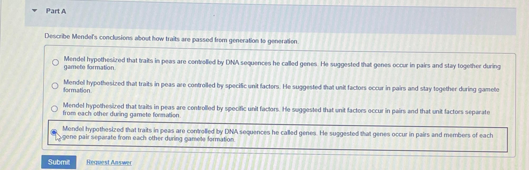 Solved Part ADescribe Mendel's conclusions about how traits | Chegg.com