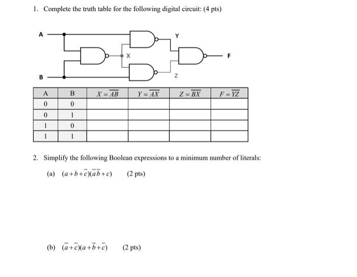Solved 1. Complete the truth table for the following digital | Chegg.com