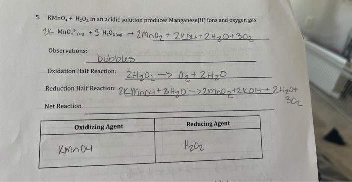 Solved 5. KMnO4+H2O2 in an acidic solution produces | Chegg.com