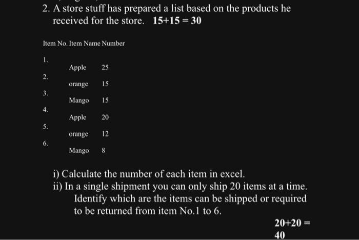 Solved 2. A store stuff has prepared a list based on the | Chegg.com