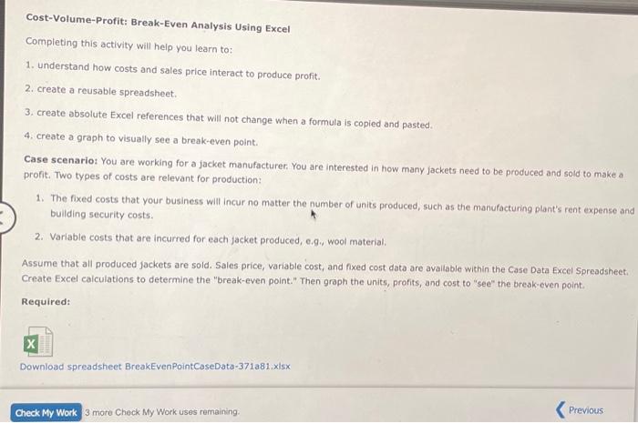 Cost-Volume-Profit: Break-Even Analysis Using Excel | Chegg.com