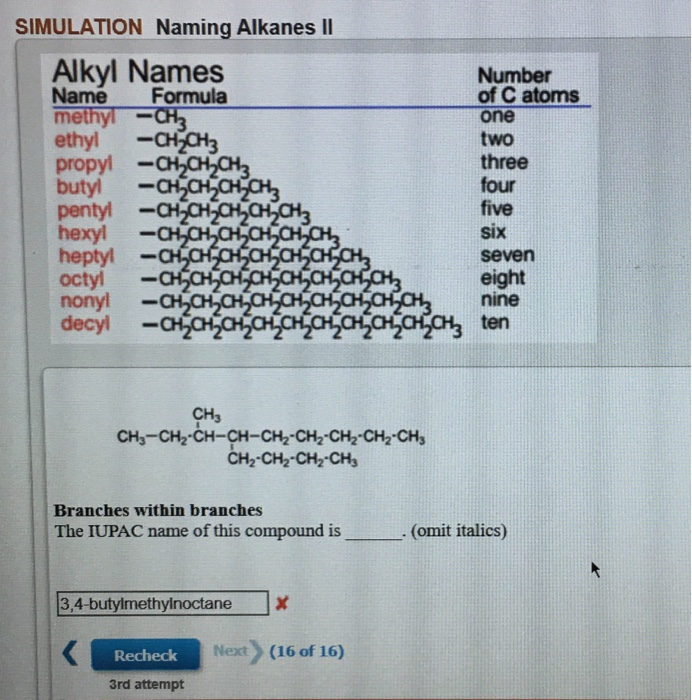 Solved SIMULATION Naming Alkanes II Alkyl Names Name Formula | Chegg.com