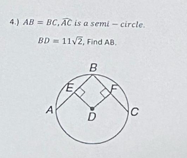 Solved 4.) AB=BC,widehat(AC) ﻿is a semi-circle.BD=1122, | Chegg.com