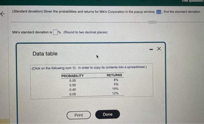 Solved (Standard deviation) Given the probabilities and | Chegg.com