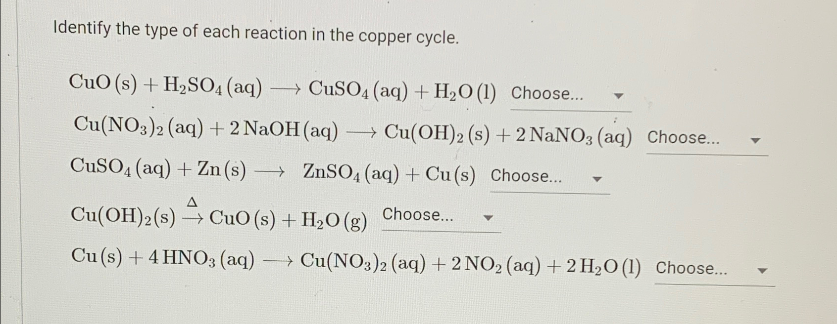 Solved Identify the type of each reaction in the copper | Chegg.com