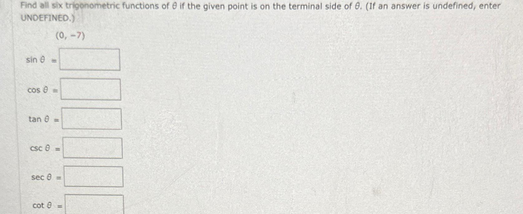 Solved Find all six trigonometric functions of θ ﻿if the | Chegg.com