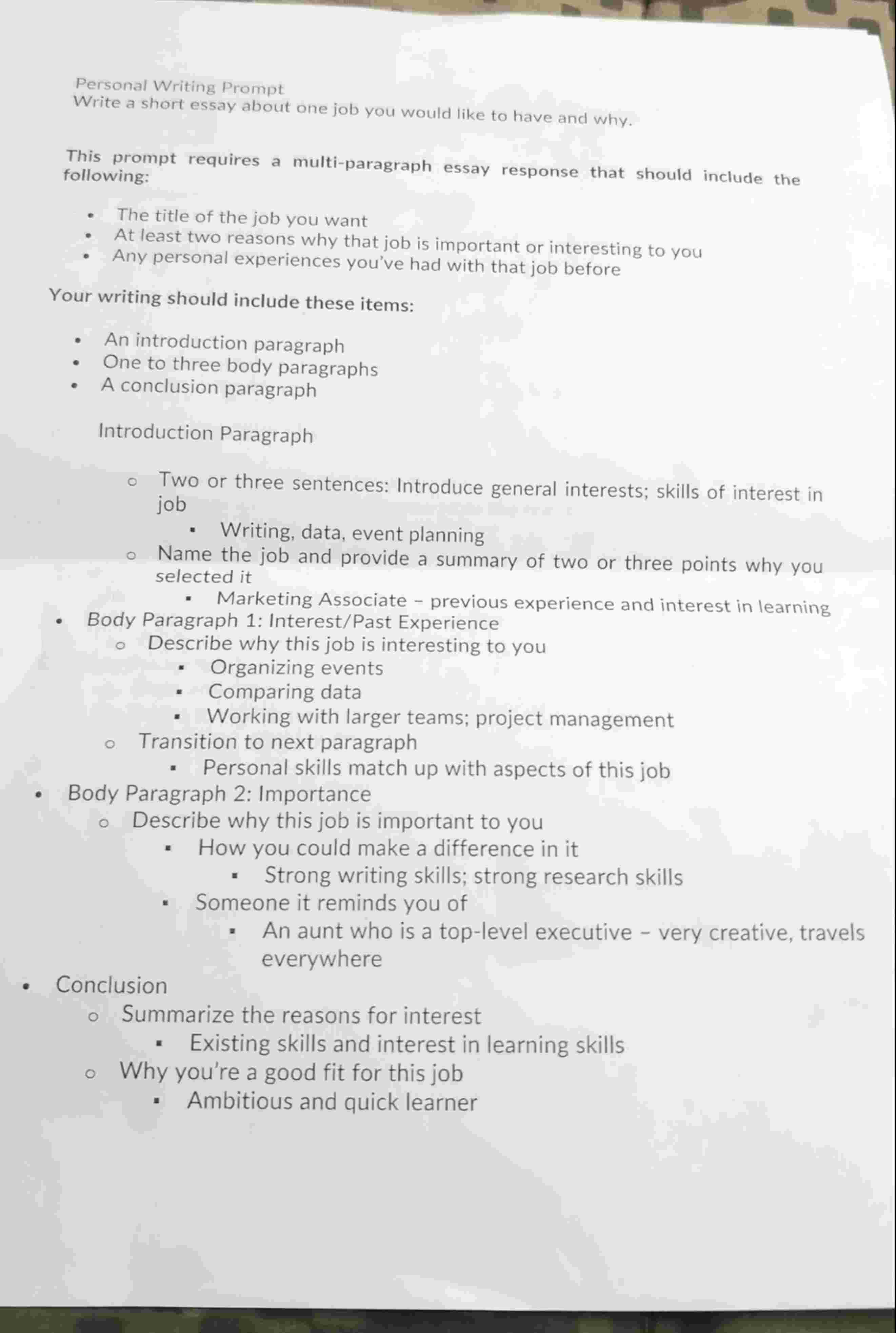 Solved Personal Writing Prompt Write a short essay about one | Chegg.com