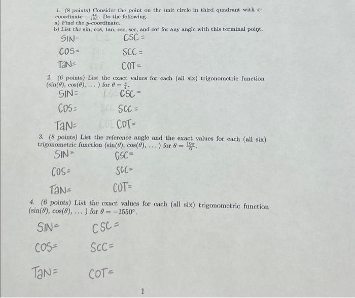 Solved 1. ( 8 points) Consider the point on the unit eircle | Chegg.com