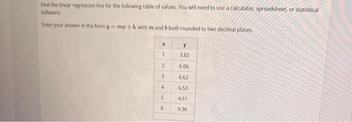 Solved Find the linear regression line for the following | Chegg.com