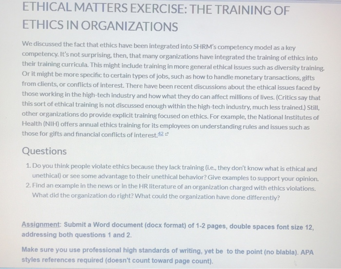 Solved ETHICAL MATTERS EXERCISE: THE TRAINING OF ETHICS IN | Chegg.com
