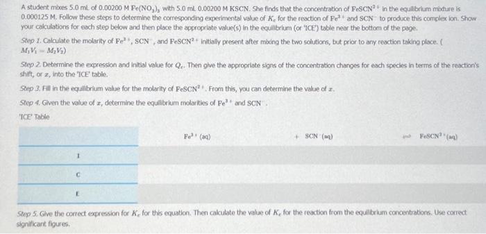 Solved A student mixes 5.0 mL of 0.00200 M Fe(NO3), with 5.0 | Chegg.com