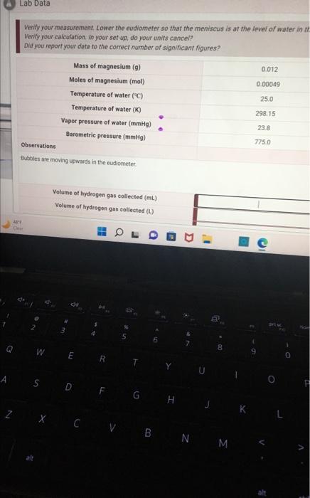 Verify your measurement. Lower the eudiometer so that | Chegg.com