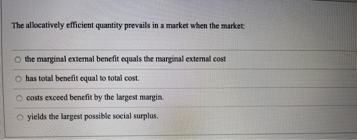 Solved The allocatively efficient quantity prevails in a | Chegg.com