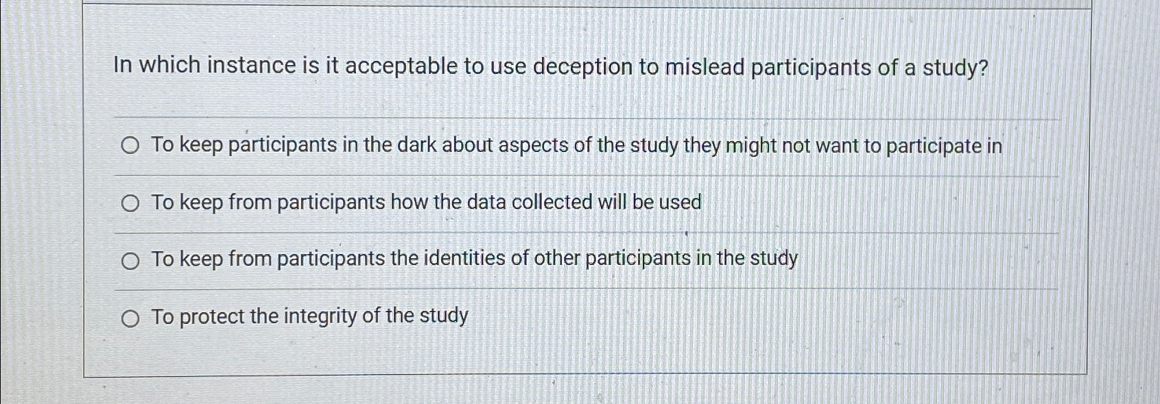 Solved In which instance is it acceptable to use deception | Chegg.com