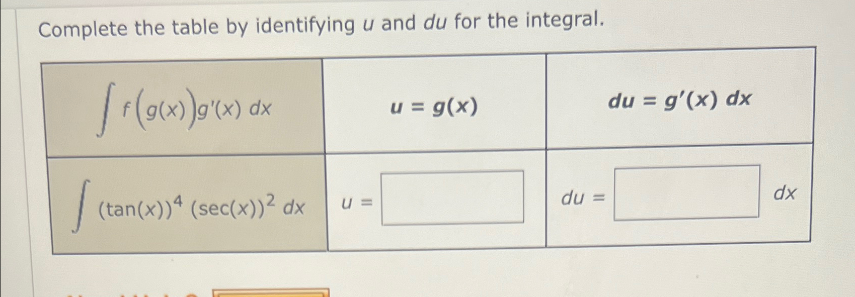 Solved Complete the table by identifying u ﻿and du ﻿for the | Chegg.com