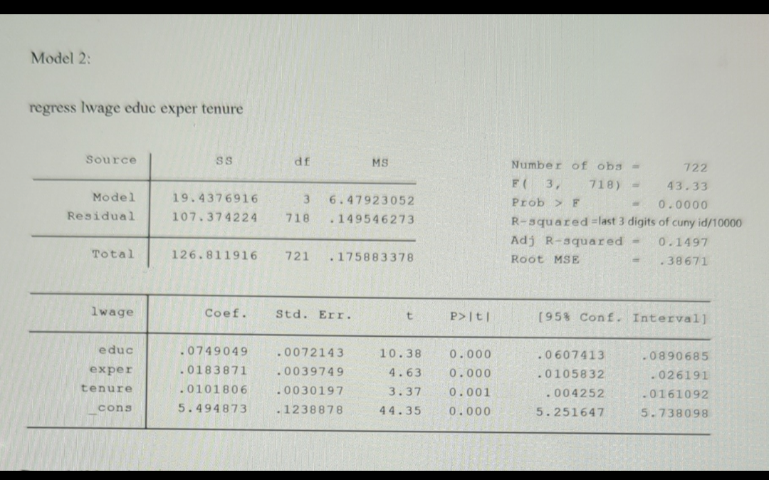 Solved Model 2: regress lwage educ exper tenure Source SS df | Chegg.com