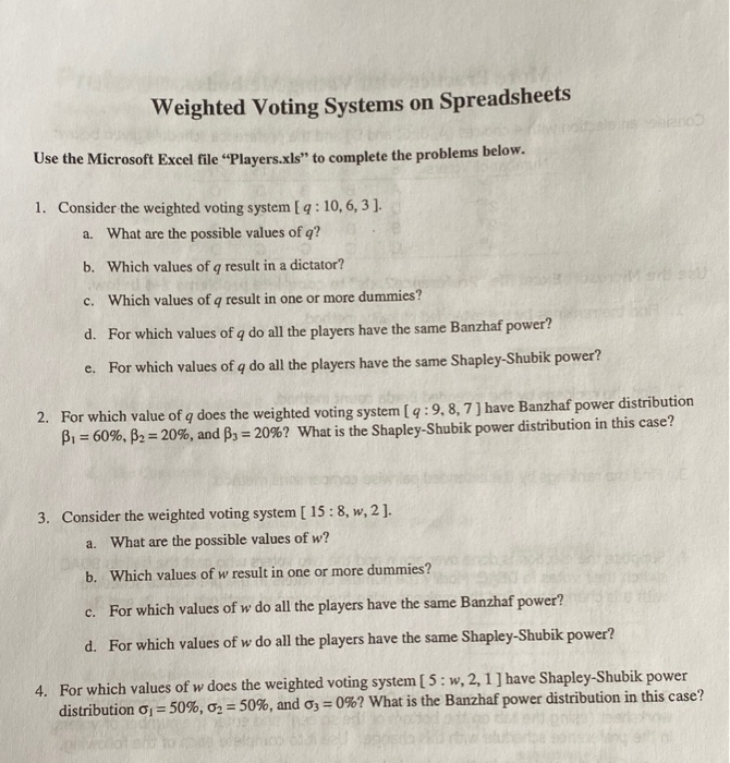 Weighted Voting Systems on Spreadsheets eno Use the | Chegg.com