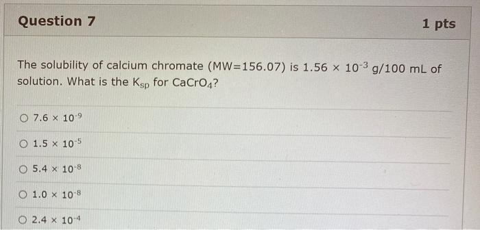 Solved Question 7 1 pts The solubility of calcium chromate | Chegg.com