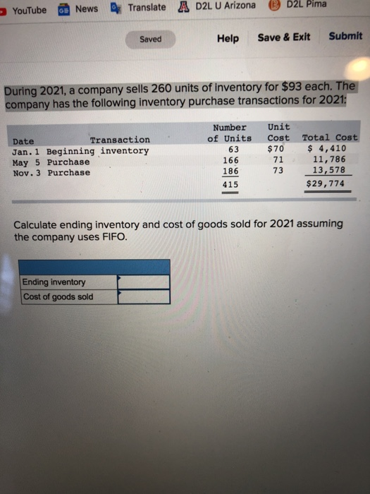 Solved YouTube G News Translate BD2L Pima A D2L U Arizona | Chegg.com