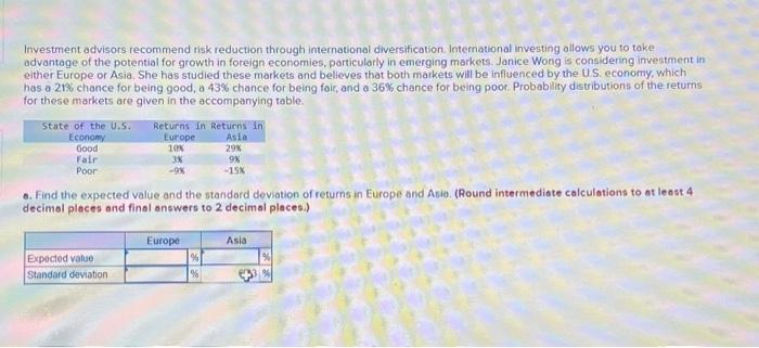 Solved Investment advisors recommend risk reduction through | Chegg.com Solved Investment advisors recommend risk reduction through | Chegg.com