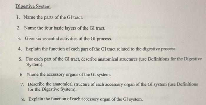Solved Digestive System 1. Name the parts of the GI tract. | Chegg.com