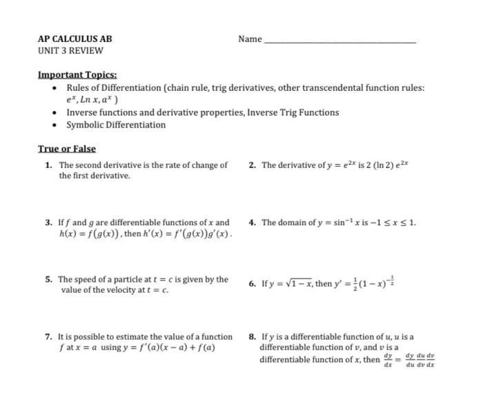 Solved AP CALCULUS AB UNIT 3 REVIEW Name Important Topics: • | Chegg.com