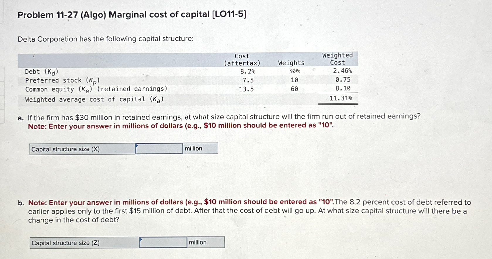 Solved Problem 11-27 (Algo) ﻿Marginal cost of capital | Chegg.com