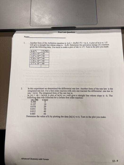 Solved 1. Another form of the Arrhenius equation is: | Chegg.com