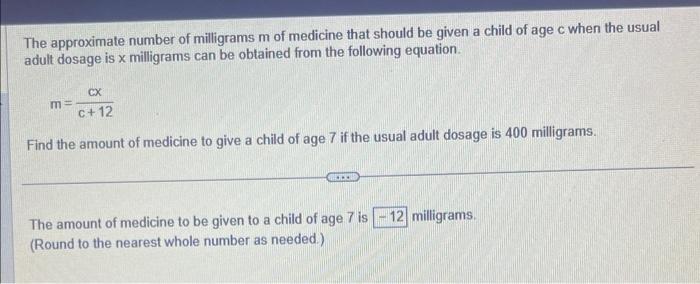 Solved The approximate number of milligrams m of medicine | Chegg.com
