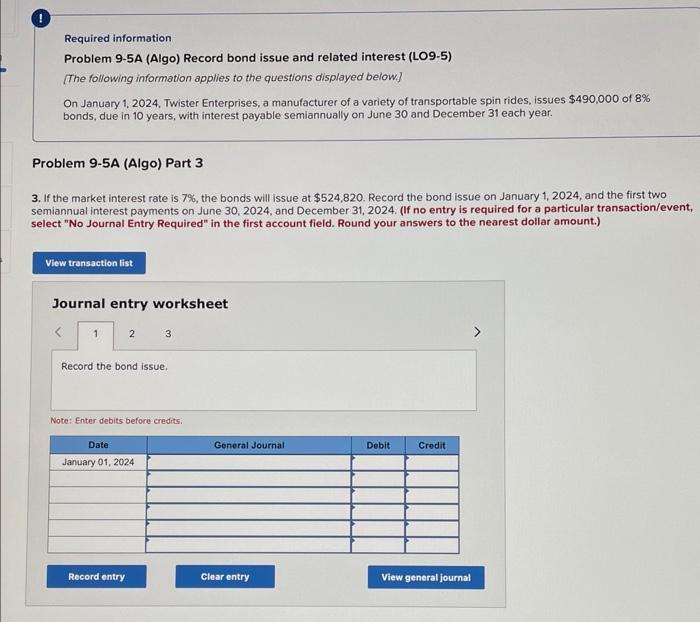 Solved Required information Problem 9-5A (Algo) Record bond | Chegg.com