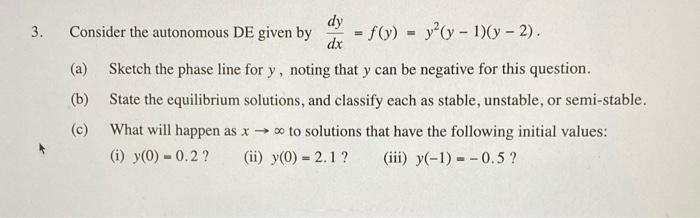 Solved 3. dy Consider the autonomous DE given by f(y) = y(y | Chegg.com