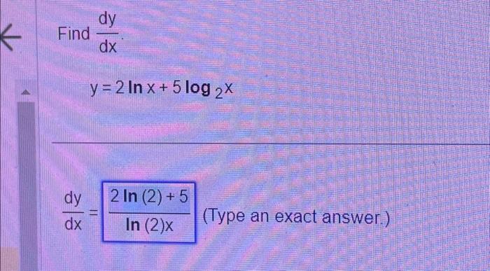Solved K Find dy dx dy dx y=21nx+5log X 2 In (2) + 5 In (2)x | Chegg.com