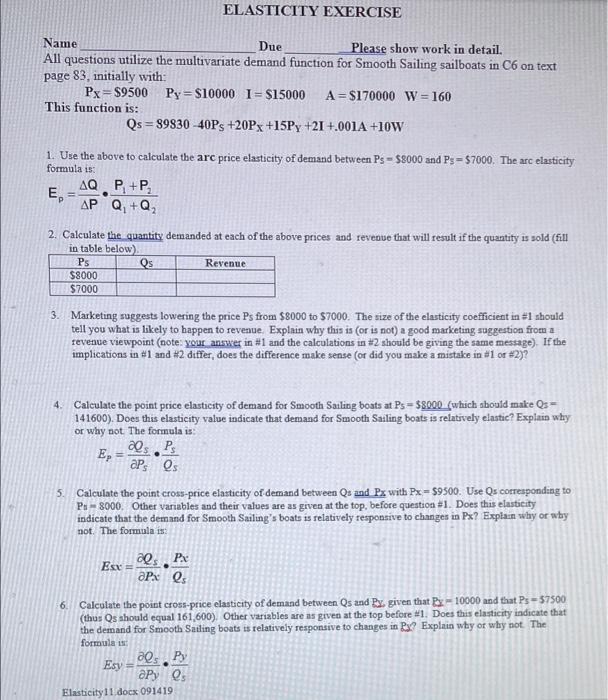 Solved ELASTICITY EXERCISE Name Due Please show work in | Chegg.com