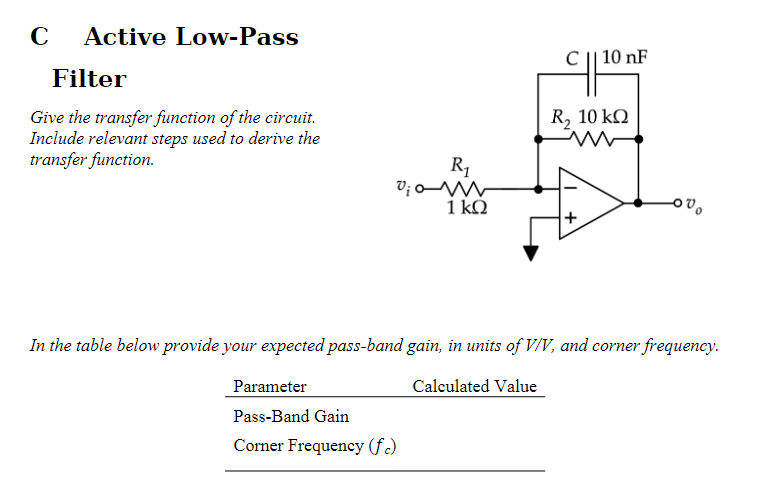 Solved C Active Low-PassFilterGive the transfer function of | Chegg.com