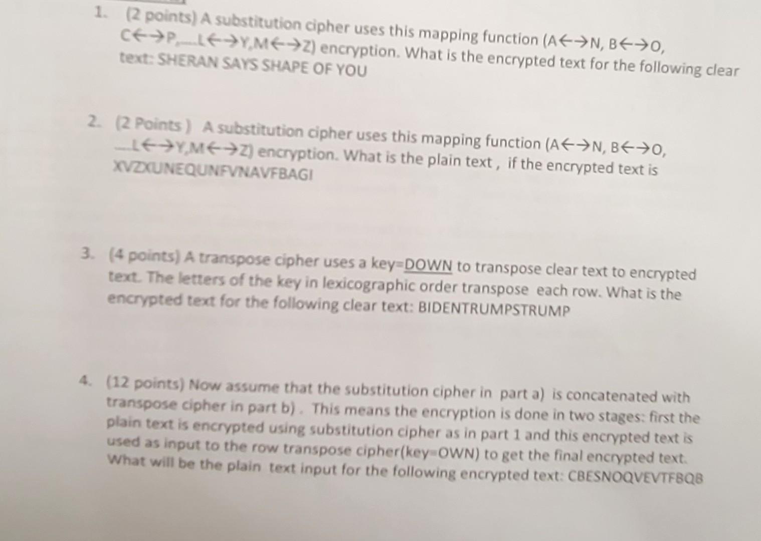 Solved 1. (2 points) A substitution cipher uses this mapping | Chegg.com