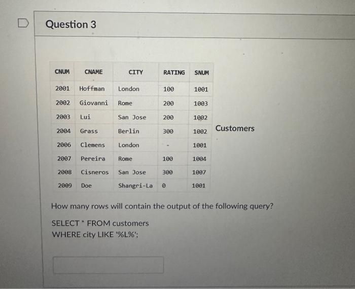 Solved Question 3 Zustomers How many rows will contain the | Chegg.com