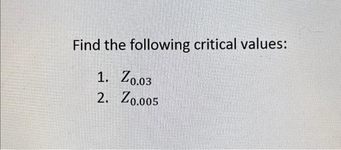 Solved Find the following critical values: 1. Z0.03 2. | Chegg.com
