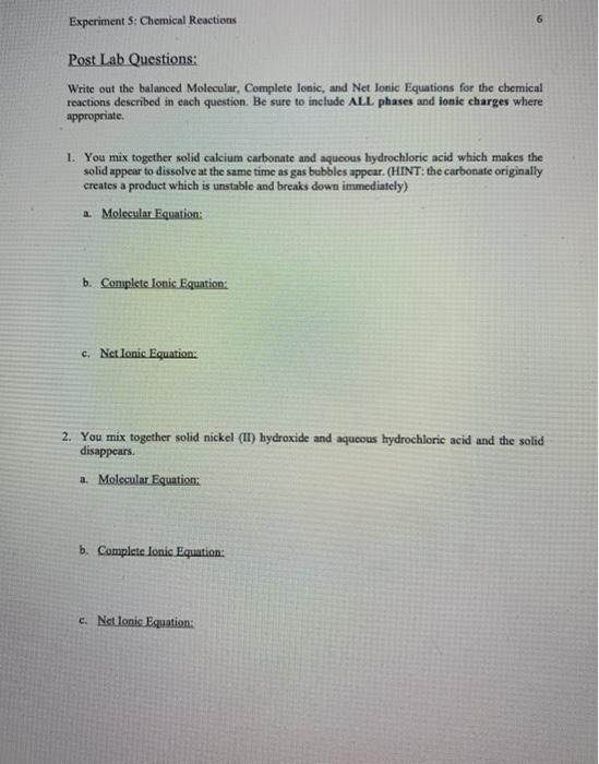 Solved Experiment 5: Chemical Reactions 6 Post Lab | Chegg.com