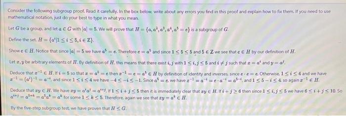 Solved Consider the following subgroup proof, Read it | Chegg.com