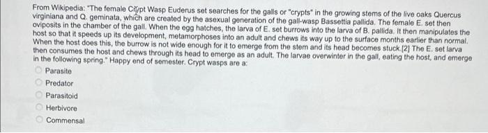 Solved From Wikipedia: "The female Crypt Wasp Euderus set | Chegg.com