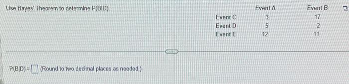 Solved Use Bayes' Theorem to determine P(B|D). P(B(D)= | Chegg.com