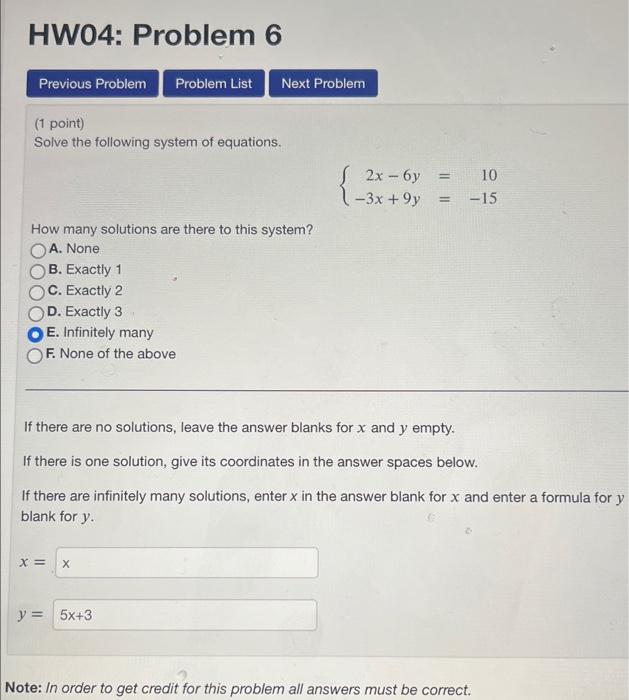 Solved (1 point) Solve the following system of equations. | Chegg.com