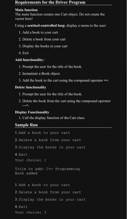 Solved C++I need 4 files a book.h book.cpp Cart.h Cart.cpp | Chegg.com