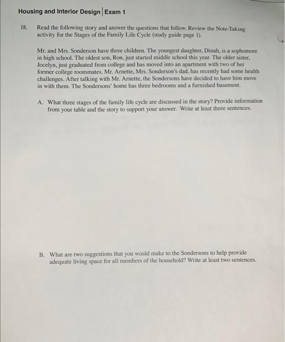 Housing and Interior Design| Exam 1 18. Read the | Chegg.com