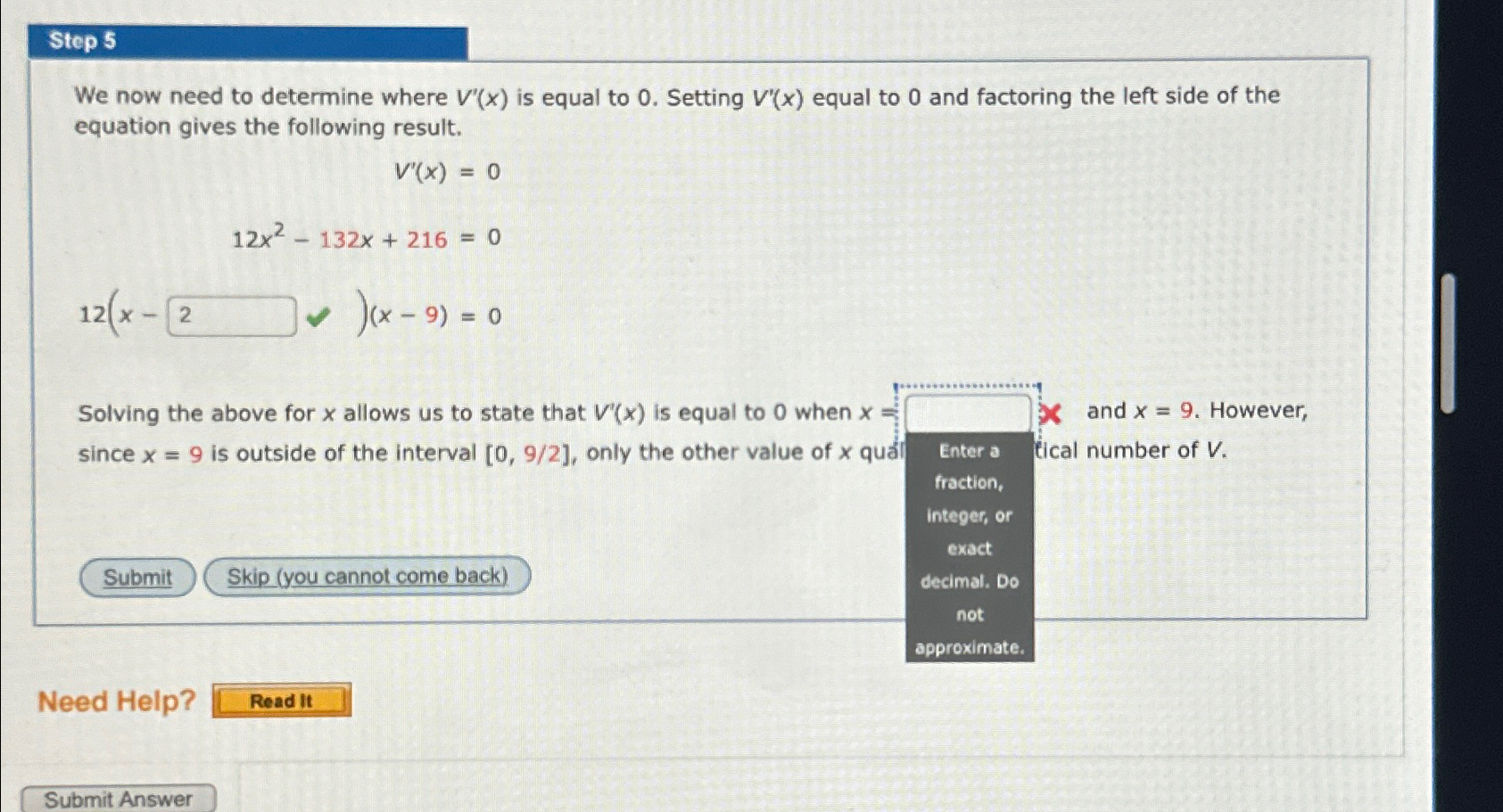 Solved Step 5We now need to determine where V'(x) ﻿is equal | Chegg.com