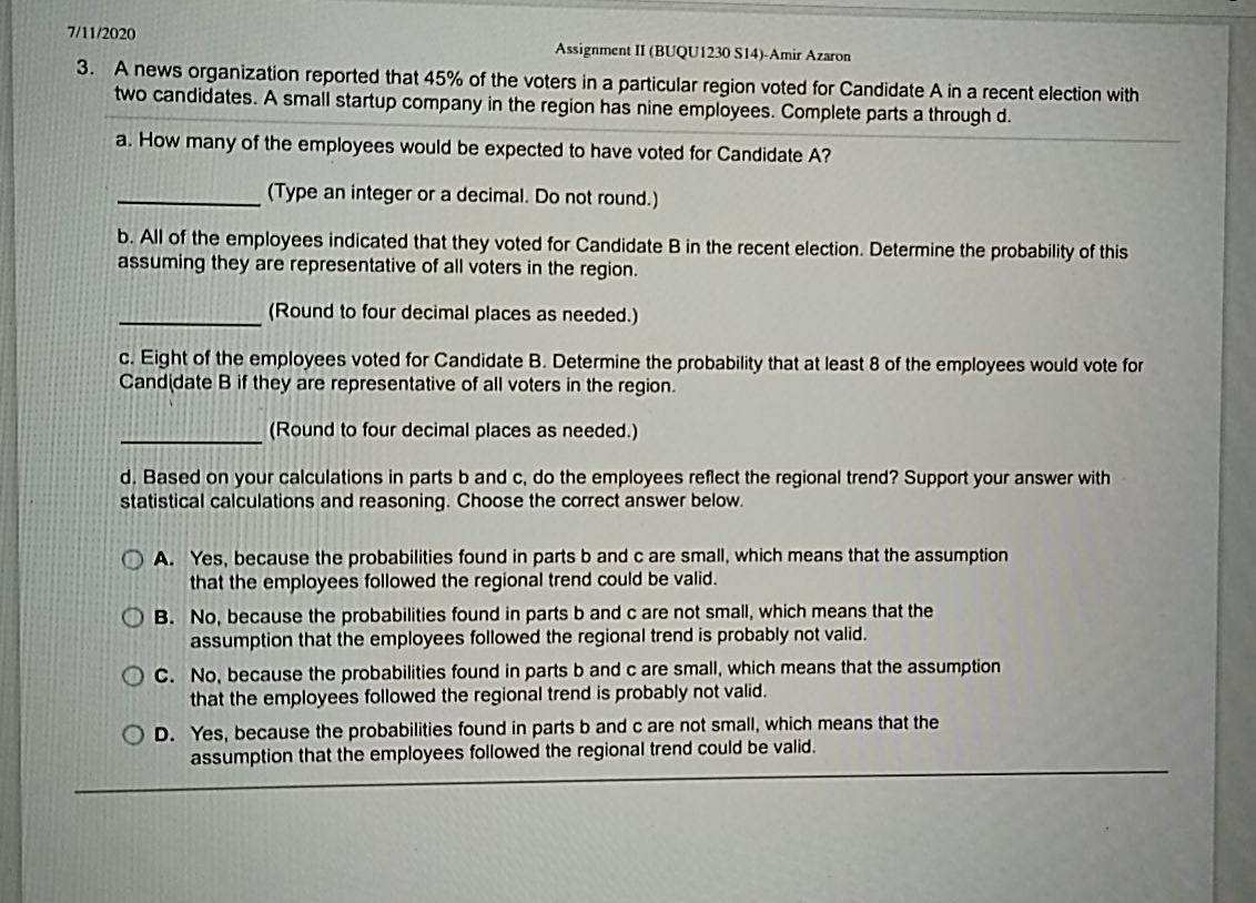 Solved 7/11/2020 Assignment II (BUQU1230 S14)-Amir Azaron 3. | Chegg.com
