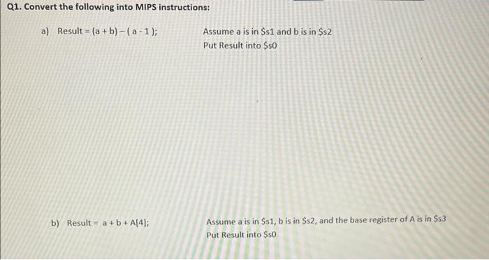 Solved Q1. Convert the following into MIPS instructions: a) | Chegg.com