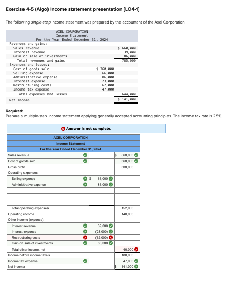 Solved Exercise 4-5 (Algo) ﻿Income statement presentation | Chegg.com