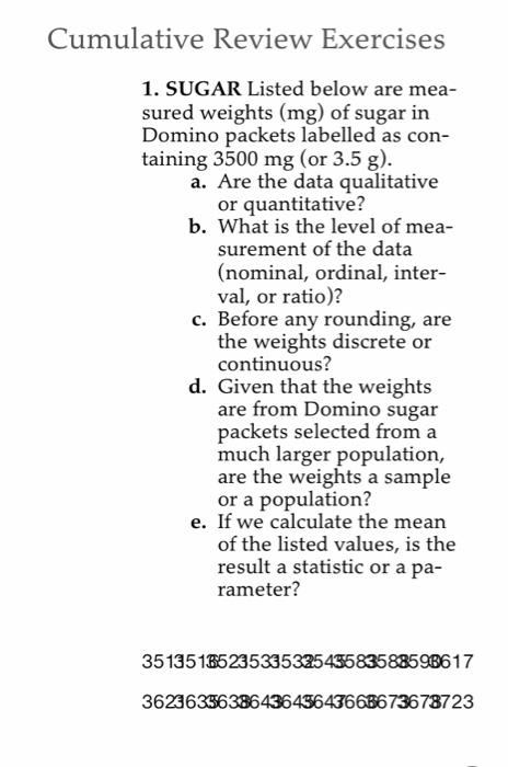 Solved Cumulative Review Exercises 1. SUGAR Listed below are | Chegg.com